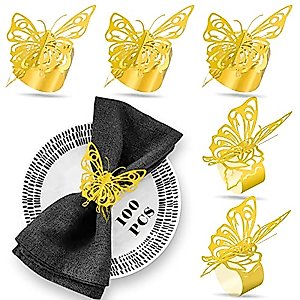 Honitra 100 Rose & Butterfly Napkin Rings, Gold Napkin Rings for Table Decor, Napkin Rings Set of 100 for Luxury Banquet Style, Reusable Paper Napkin Rings for Wedding, Birthday, Anniversary