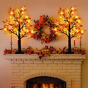 2 Pack Fall Decor 24 Inch Prelit Fall Maple Tree with 48 LEDs Timer Battery Operated, Fall Decoration Tabletop Acorn Pumpkin Maple Leaves Artificial Tree for Thanksgiving Harvest Indoor Decoration