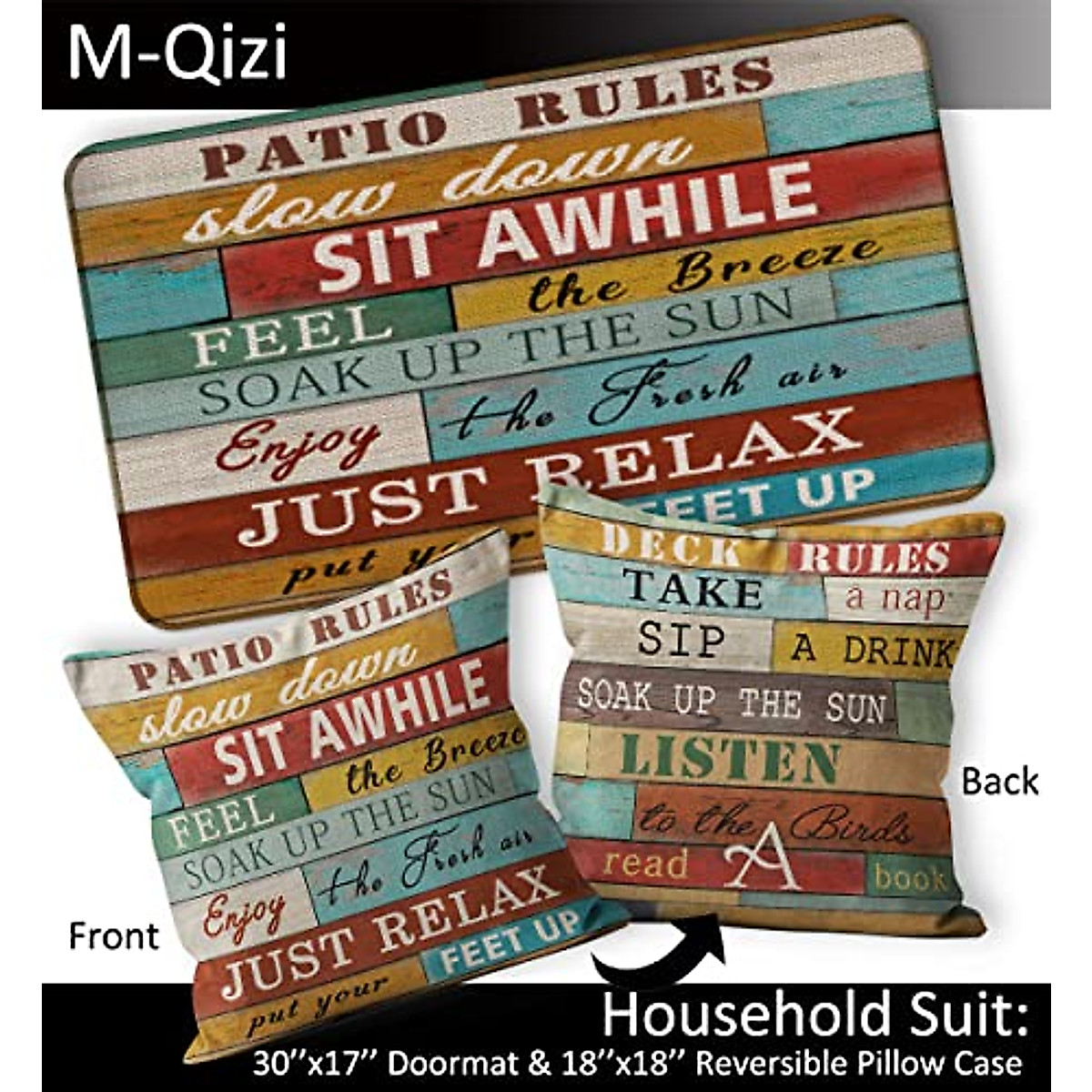 Patio Rules Decorative Doormat 17”X30”,Patio Rules Deck Rules Reversible Throw Pillowcase 18”X18”,Set of 1 Pillow Cover 1 Doormat,Farmhouse Home Porch Patio Garden Door Decor,Housewarming Gifts