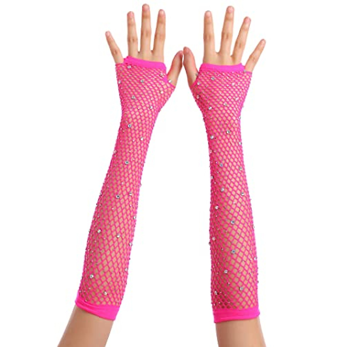 OTPEH Women Fishnet Rhinestone Gloves Fingerless Kids Fish Net Arm Sleeve Warmers 80s Emo Scene Accessories Pink