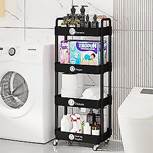 Laiensia 4-Tier Storage Cart,Multifunction Utility Rolling Cart Kitchen Storage Organizer,Mobile Shelving Unit Cart with Lockable Wheels for Bathroom,Laundry,Living Room,With Classified Stickers,Black