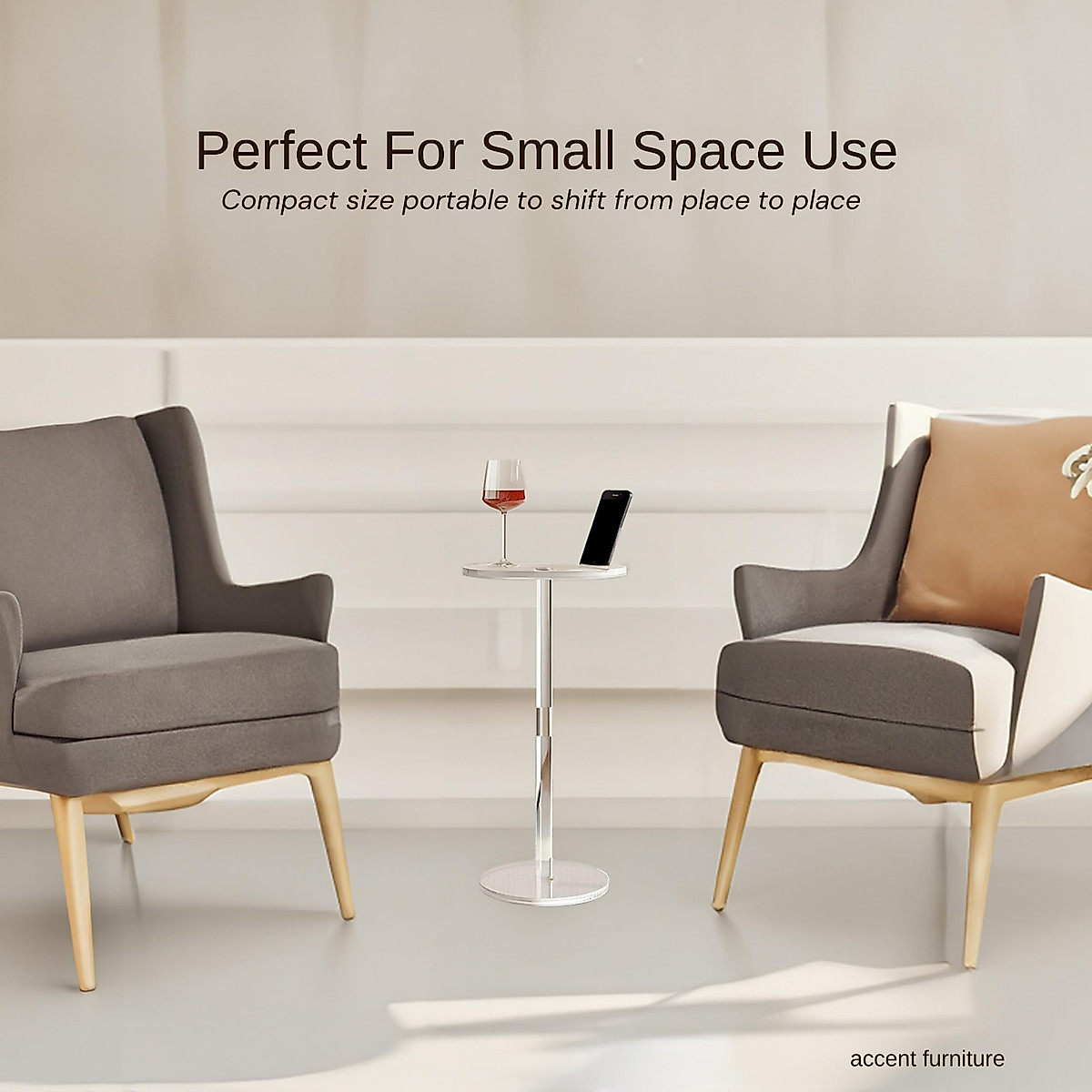 Acrylic Drink Table, Small Round Side Table for Small Space, Pedestal End Table with Phone Holder, Multi-Use Modern Accent Table, Martini/Cocktail Table for Living Room, 10"X21" Easy Assembly