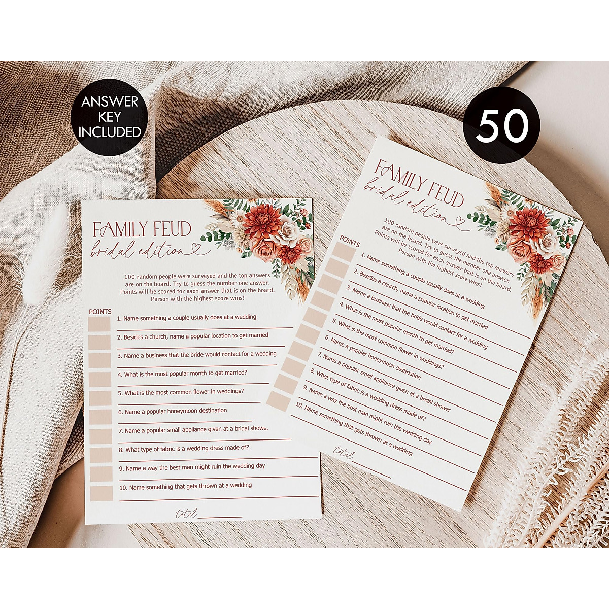 All Ewired Up 50 Bridal Family Feud (50-Cards) Fall in Love, Fun Wedding Shower Decorations Party Rehearsal Dinner Game Activity, Autumn Sienna Burnt Orange Florals