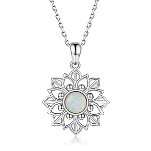 MANBU Sterling Silver Lotus Flower Necklace - Mandala Flower of Life Pendant Yoga Jewelry Gift for Women Yoga Lovers (Opal)