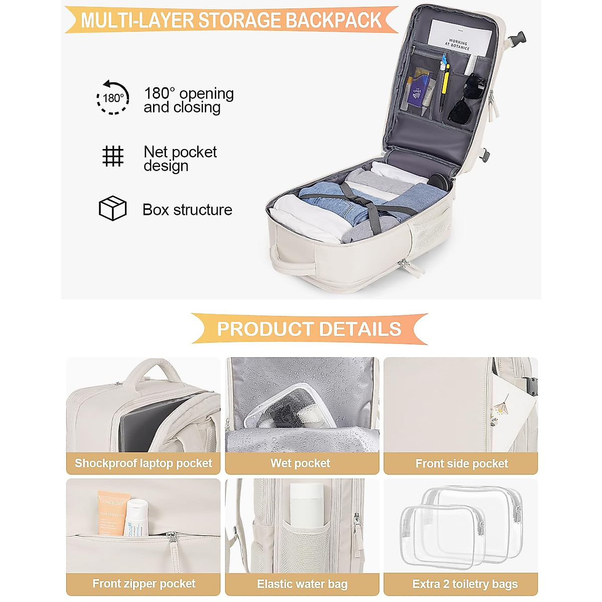 Getravel Travel Backpack For Women, Airline Approved Personal Item Bag, Carry On Backpack,17 Inch Laptop School Backpack, Waterproof Casual Overnight Bag, Hiking Backpack (Beige)