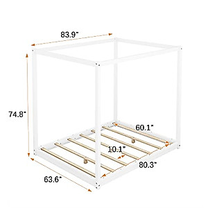 FIQHOME Queen Size Canopy Platform Bed with Support Legs,Four-Poster Canopy Platform Bed Frame with Headboard, Wooden Queen Bed with Support Legs,for Kids Teens Adults, No Box Spring Needed,White
