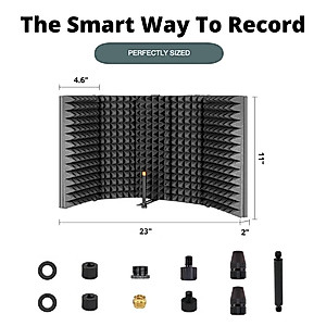 TRUE NORTH Microphone Isolation Shield w/Desk Feet and Stand Mount - Portable Vocal Booth Sound Booth Recording Equipment, Mic Shield Portable Recording Booth, Microphone Shield Portable Sound Booth