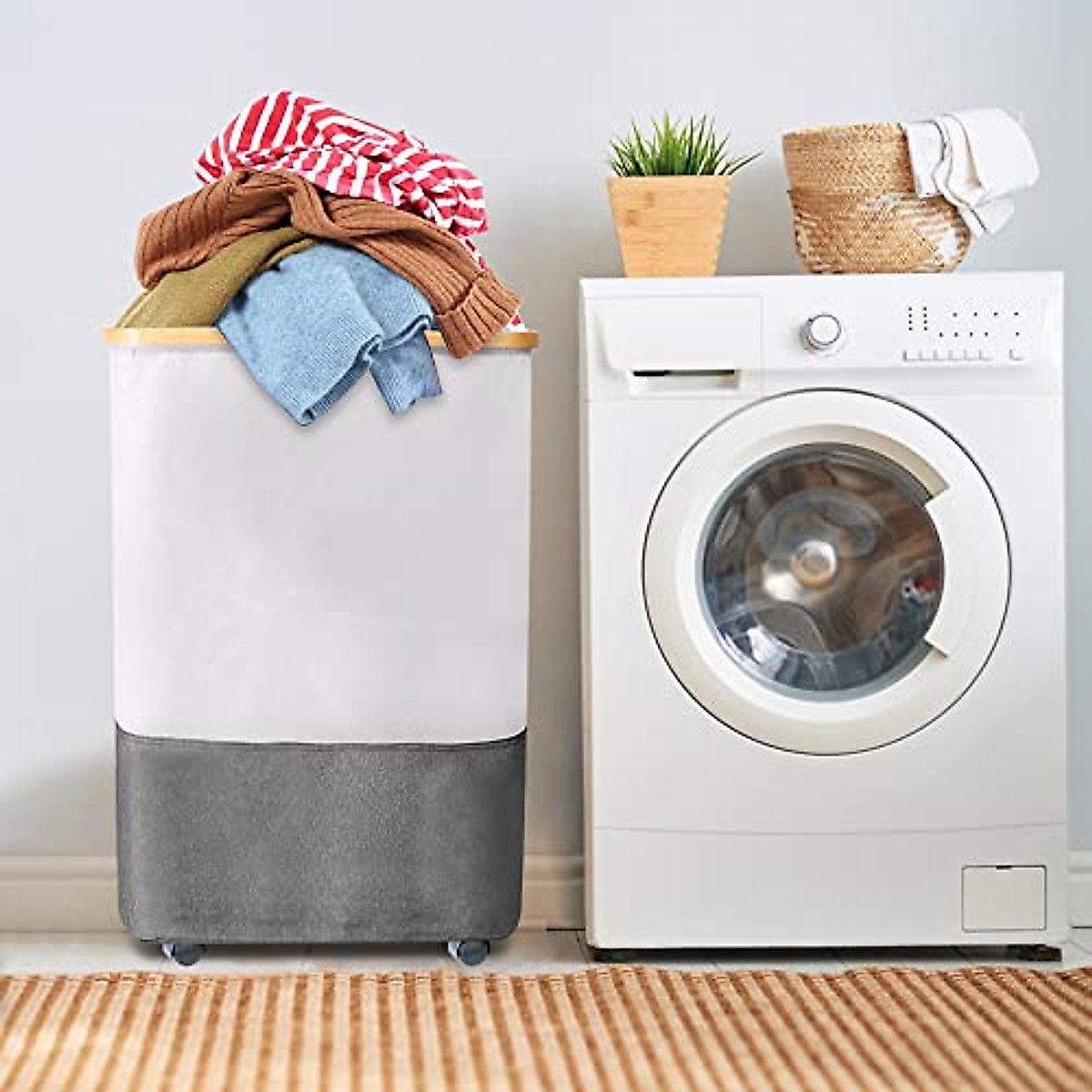 Large Laundry Hamper with Wheels, Collapsible 105L Laundry Basket with Lid for Apartment, Easy Transport Laundry Organizer with Bamboo Handle (Gray)