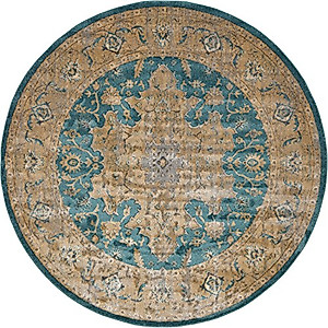 Unique Loom Aurora Collection Over-Dyed, Abstract, Botanical Southwestern, Transitional Area Rug, 8 ft x 8 ft, Teal/Beige