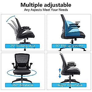 KERDOM Ergonomic Office Chair, Breathable Mesh Desk Chair, Lumbar Support Computer Chair with Wheels and Flip-up Arms, Swivel Task Chair, Adjustable Height Home Gaming Chair