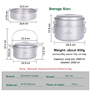Boundless Voyage Titanium Food Steamer Pan Stock Pot Soup Pot Outdoor Hanging Pot Portable Travel Household Kitchenware Cooking Kit Hot Pot for Camping Picninc (Ti2114C(4.5 POT+2l Steamer))
