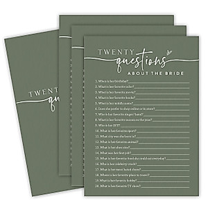 EXW Bridal Shower Game Cards, Twenty Questions About The Bride, Minimalism Green Engagement Party Cards, Newlyweds Party Game Supplies, Bridal Shower Party Decorations, Set of 30 - B05