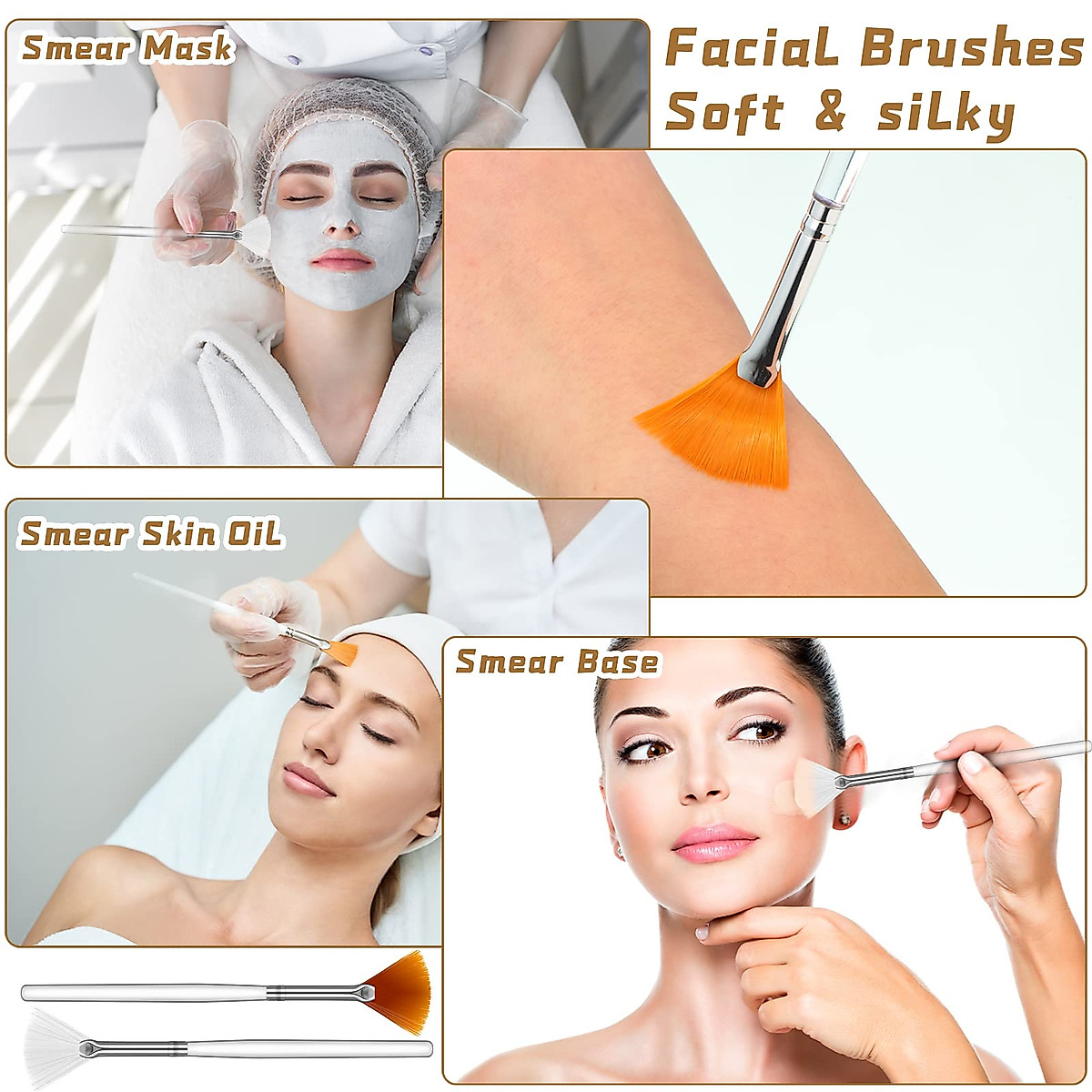 4 Pcs Spa Facial Headband Makeup Head Wrap Adjustable Towel with 30 Pcs Compressed Facial Sponges, 4 Pcs Facial Mask Fan Brushes for Facial Esthetician Supplies (Yellow, White, Orange)