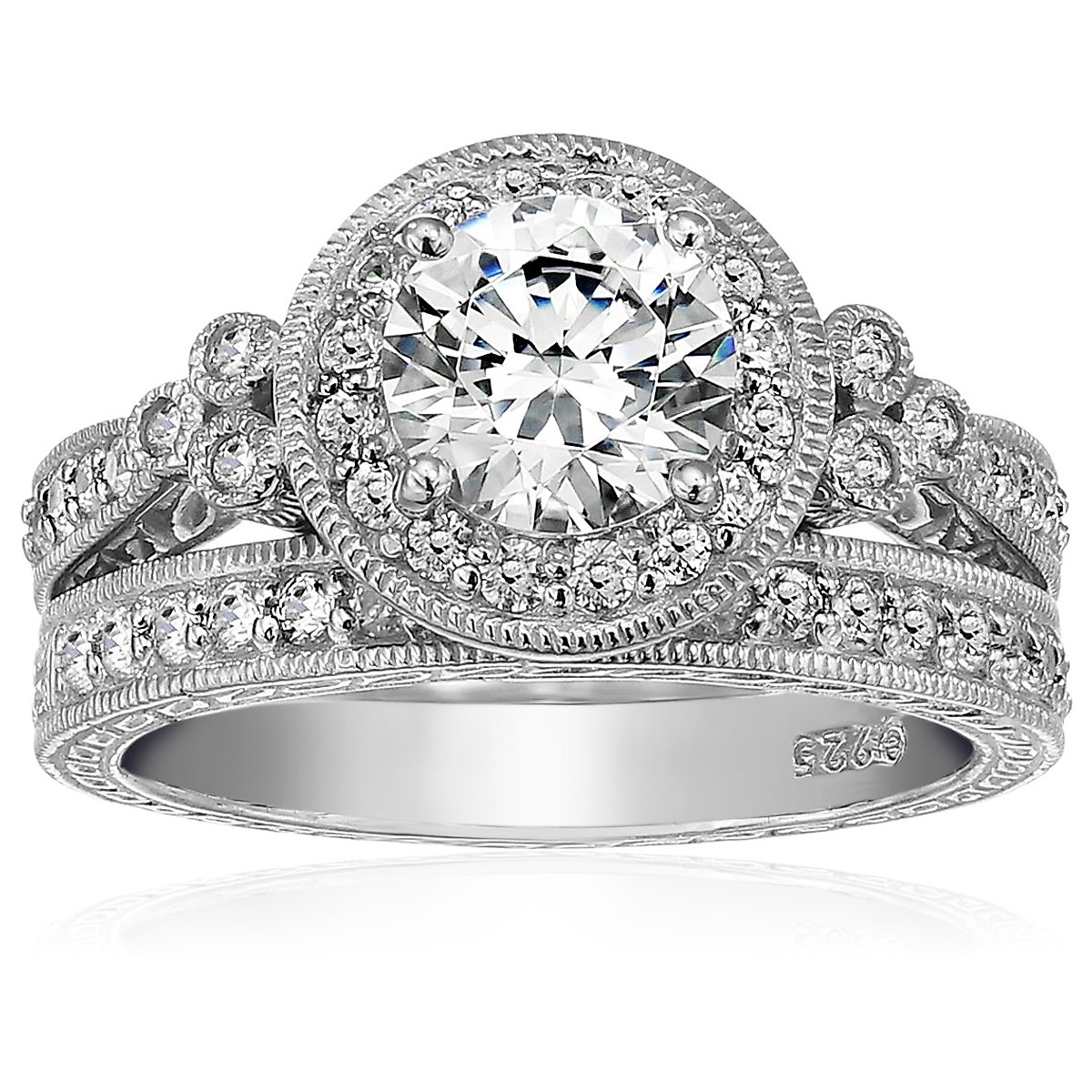 Amazon Essentials Platinum-Plated Sterling Silver Antique Rings set made with Infinite Elements Cubic Zirconia, Size 7, (previously Amazon Collection)