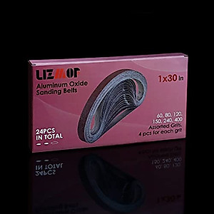 LIZMOF 1×30 Inch Belt Sander Sanding Belt, Aluminum Oxide Sanding Belts for Belt Sander, Belt Sander Paper with 60, 80, 120, 150, 240, 400 Assorted Grits for Efficient& Durable Use, 24PCS
