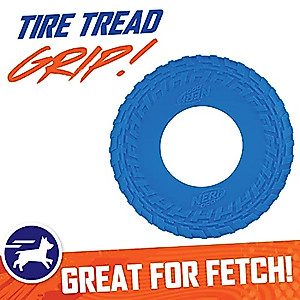 Nerf Dog Rubber Tire Flyer Dog Toy, Flying Disc, Lightweight, Durable, Floats in Water, Great for Beach and Pool, 10 Inch Diameter, for Medium/Large Breeds, Single Unit, Blue, Original