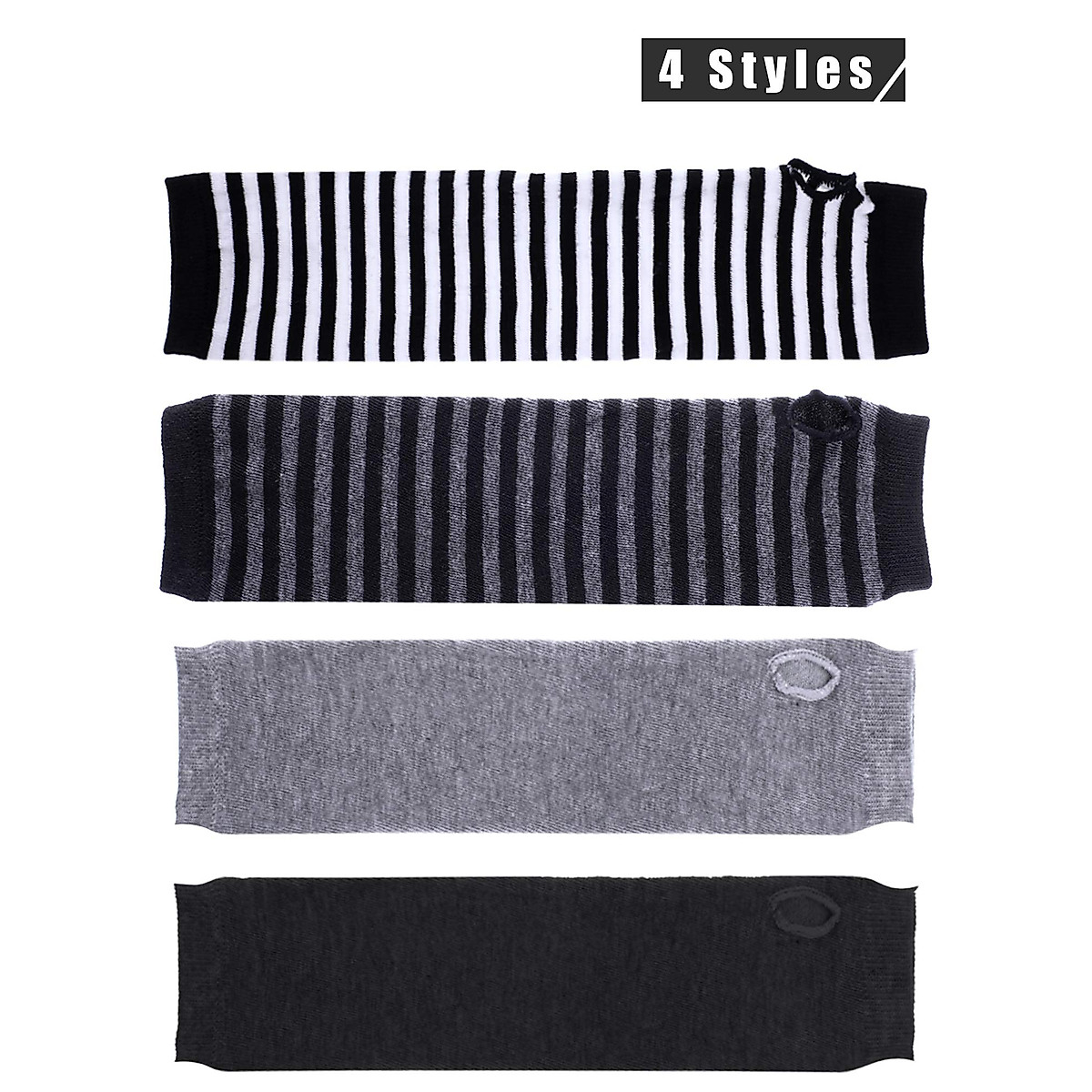 Bememo 4 Pairs Punk Gothic Long Fingerless Gloves Knitted Arm Warmer Elbow Length Gloves Thumb Hole Gloves (Dark Grey, Light Grey, Striped Color)