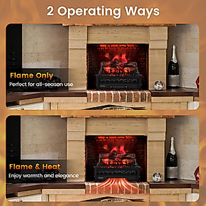 COSTWAY Eternal Flame Electric Fireplace Log, 20-inch Fireplace Insert Log Heater with Realistic Pinewood Ember Bed, Adjustable Temperature, Infrared Electric Fireplace Log for Home Decor, Black 1500W