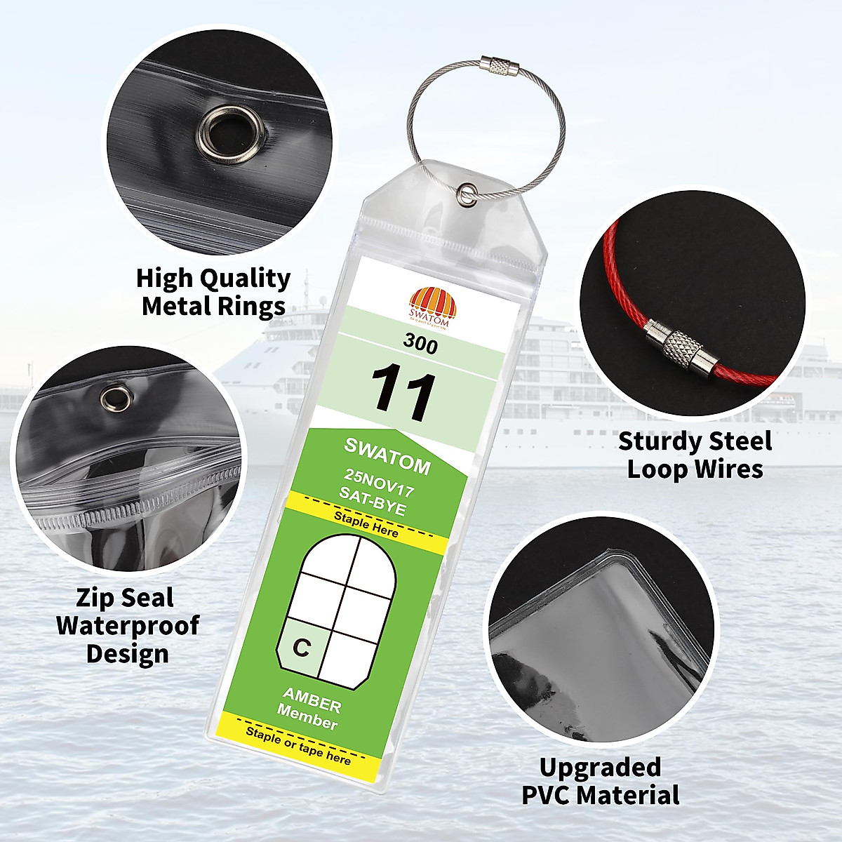 SWATOM Cruise Luggage Tags PVC Holders -Waterproof-Clear Luggage Tag-Zip Seal-Etag Bag for Royal Caribbean & Celebrity 2024 & 2025 Cruise Line Ships with Steel Loops (7.9x2.5'' 4P)