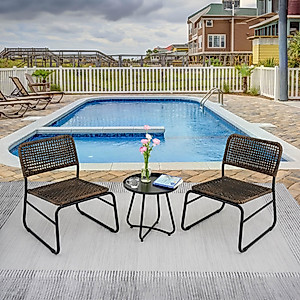 3 Pieces Patio Conversation Bistro Set, Outdoor FurnitureBistro Set, Outdoor Rattan Furniture with Round Table and 2 Armchairs for Lawn, Garden, Balcony, Poolside, Steel Frame, Black