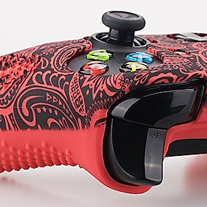 9CDeer Studded Protective Customize Transfer Printing Silicone Cover Skin Sleeve Case + 8 Thumb Grips Analog Caps for Xbox One/S/X Controller Leaves Red Compatible with Official Stereo Headset