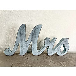 Mr & Mrs Wood Sign Wedding Decorations for Bride & Groom Reception Head Table. Wooden Letters for Married Couple's Centerpiece, Engagement & Bridal Shower Party Or Wedding Cake Table. (Rustic Blue)