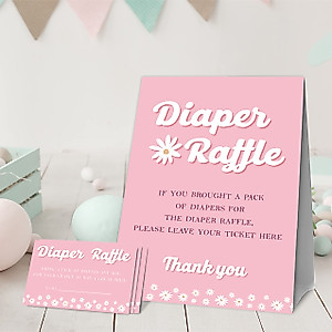 Baby Shower Games, 1 Diaper Raffle Standing Sign with 50 Diaper Raffle Tickets, Retro Bohemian Hippie Vibes Floral Daisy Theme Gender Reveal Party Decorations and Supplies For Boys or Girls(LBLK-A08)