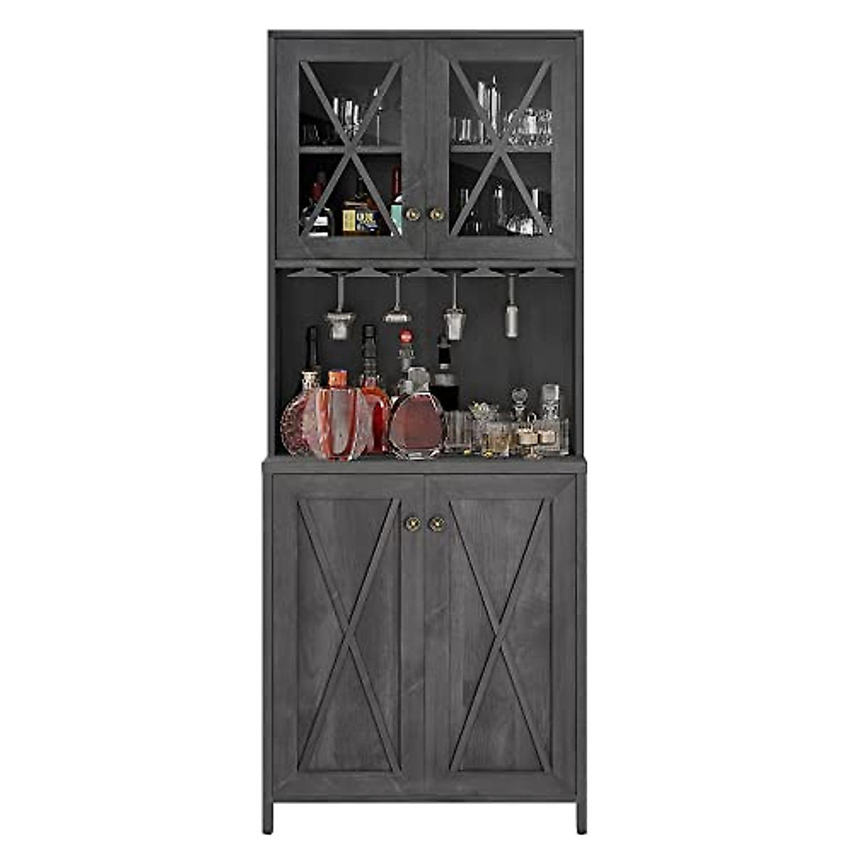 YITAHOME Farmhouse Bar Cabinet for Liquor and Glasses, Dining Room Kitchen Cabinet with Wine Rack, Upper Glass Cabinet, Open Storage Shelves for Living Room, Hallway, Charcoal Grey