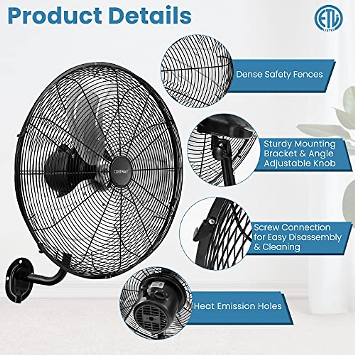 COSTWAY 2-Pack Wall Mount Fan, 21 Inches Heavy Duty Metal Wall Fan with 3 Speeds, 85° Oscillation, 30° Adjustable Tilt Head, Wall-Mounted Aluminum Blades Fan for Garage Warehouse Workshop, Black