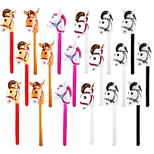 18 Pack Inflatable Stick Horse Bulk Cute Blow Up Pony Stick Balloon Colorful Inflatable Horsehead Stick for Kids Birthday Cowboy Horse Theme Party Supply, 6 Colors