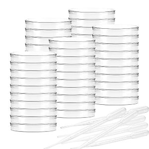 Bekith Petri Dishes with Lids, 50 Pack 90mm Dia x 15mm Deep Plastic Sterile Container, 50 Pack Plastic Transfer Pipettes(3ml)