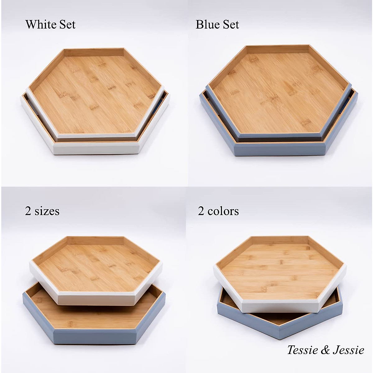 Serving Tray Hexagon Large Decorative Tray, 12" Seasoning Organizer for Kitchen, Candle Holder Tray, Bread Plates, Food Tray Platter, Fruit Trays, Dinner Plates by Tessie & Jessie (Blue, Small)