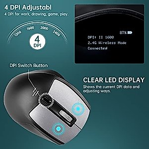 SANWA Ergonomic Wireless Mouse, Bluetooth & 2.4GHz Modules, LED Screen, 6 Programmable Buttons, Rechargeable, Compatible with Windows, Mac, iPad, Android