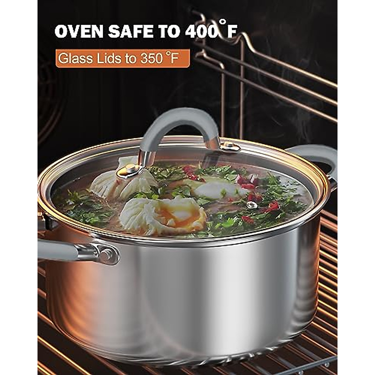 Cook N Home Stainless Cookware Sets Basic Pots and Pans, 12-Piece, Stainless Steel Grey Silicone Handle