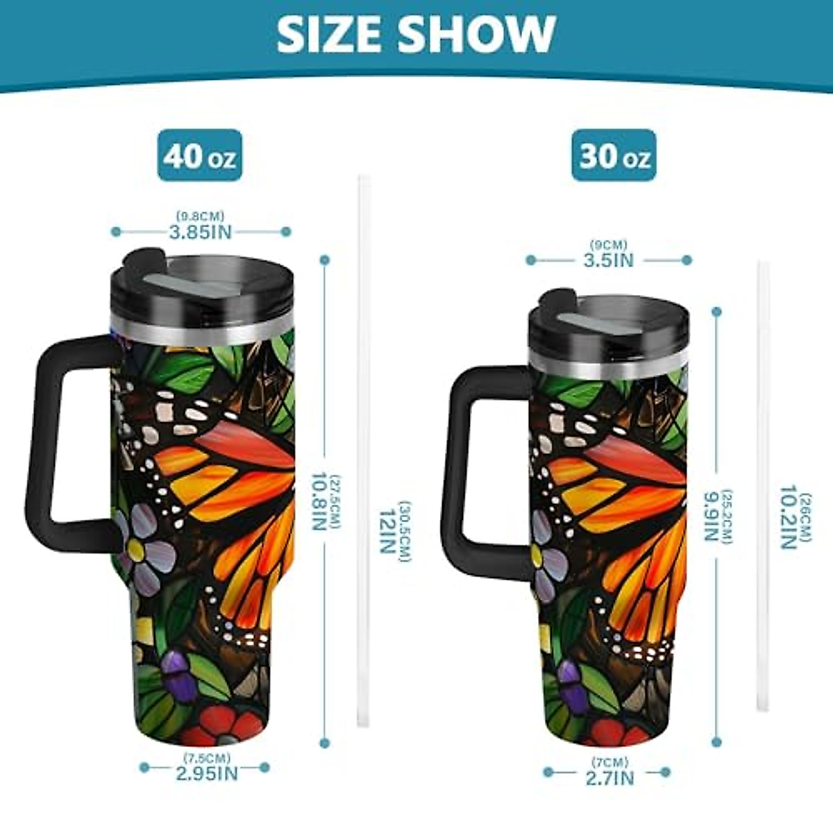 Bokkoy Big Orange Butterfly 40 oz/30 oz Tumbler with Handle and Straw Stainless Steel Tumbler with Lid Reusable Vacuum Insulated Cup