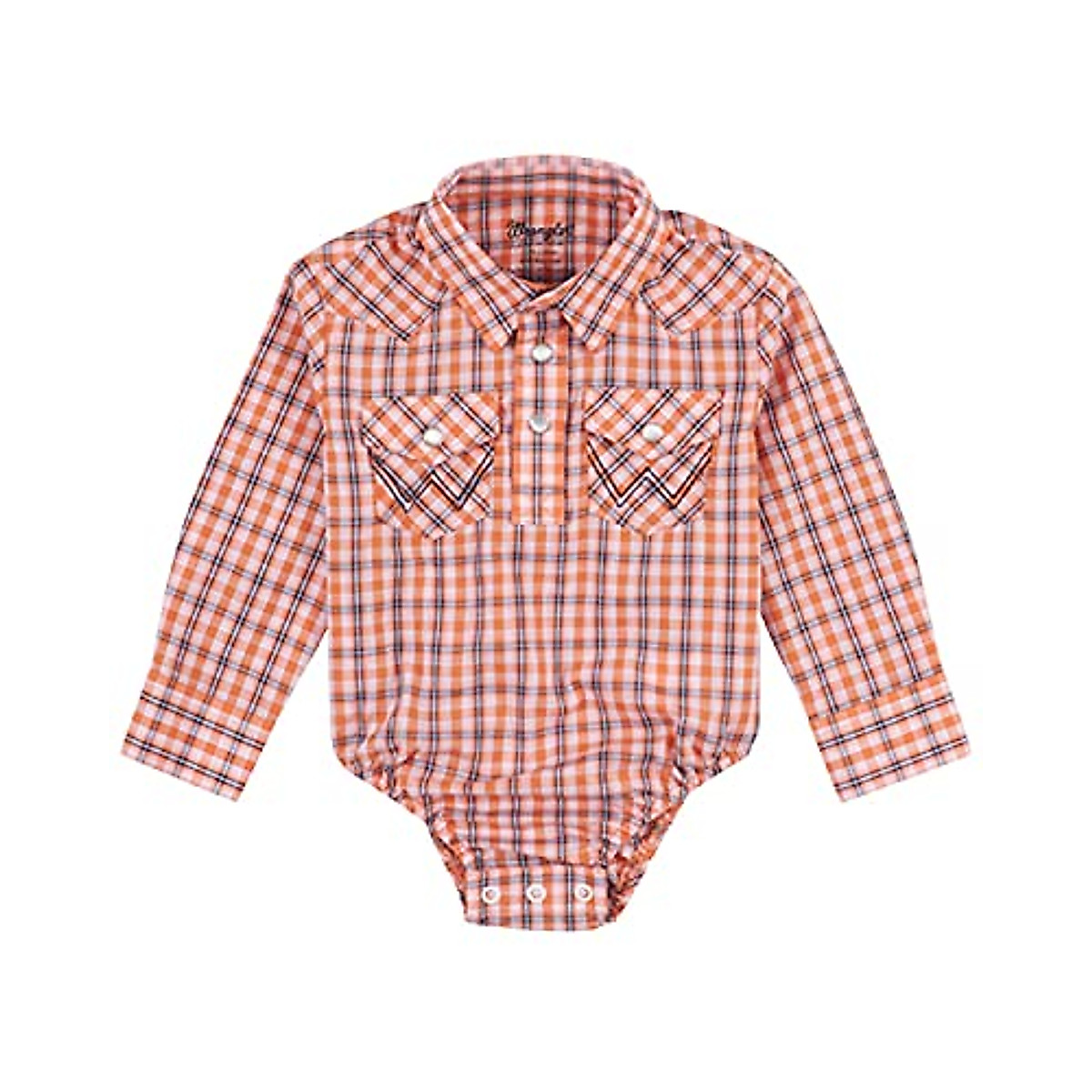 Wrangler Infant-Boys' - Plaid Print Long Sleeve Snap Western Onesie Orange 3-6 MOS