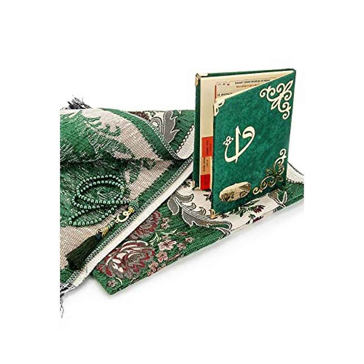 Muslim Prayer Rug, Beads and Yaseen Prayer Book with Elegant Velvet Fabric Bag | Janamaz | Sajadah | Soft Islamic Prayer Rug | Islamic Gifts | Prayer Carpet Mat, Chenille Fabric, Green