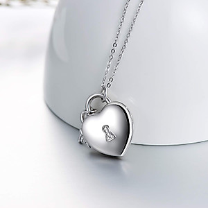 Personalized Sterling Silver Heart Locket Necklace That Holds Pictures Lock And Key Pendant for Women Mom (Lock & Key Necklace + Photos)