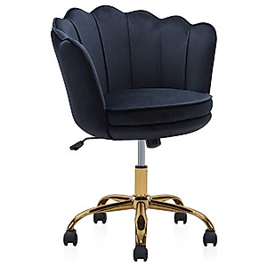 BELLEZE Upholstered Velvet Seashell Accent Chair, Rolling Swivel Office Vanity Unique Cute Decorative, Armless Stylish Comfy, Adjustable Height - Kaylee (Black - Gold)