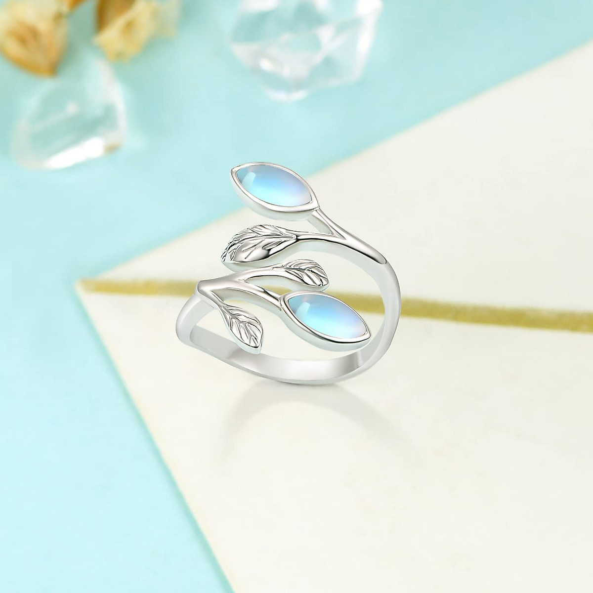 PRAYMOS 925 Sterling Silver Leaf Rings for Women Moonstone Ring Open Adjustable Wrap Rings Promise Engagement Wedding Rings