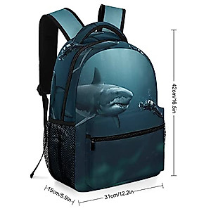 Undersea Shark Laptop backpack,Funny Ocean Wildlife Shark Diver Face to Face Backpack with Padded Shoulder Straps One Size