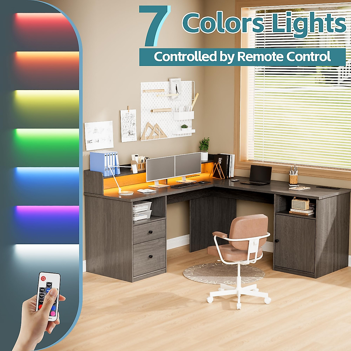 MU L Shaped Desk with LED Lights & Power Outlets, 60" Corner Computer Desk with File Drawers & Monitor Stand, Wood Home Office Desk with Storage Cabinet, Grey