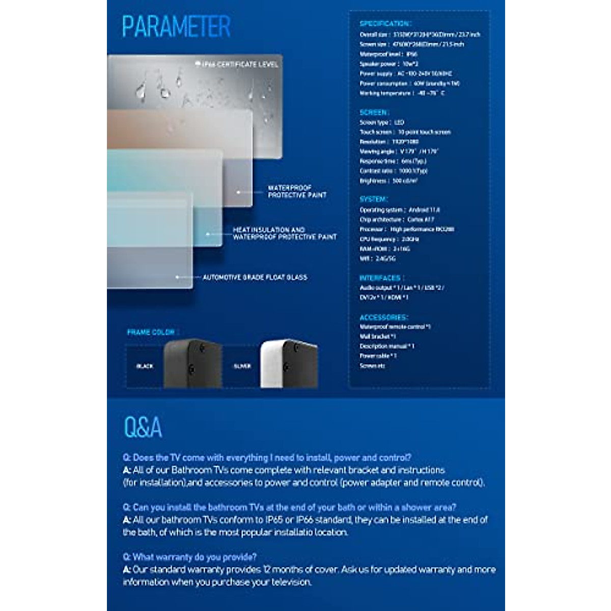 Leotachi 21.5 inch Touch Screen Mirror IP66 Waterproof TV for Bathroom Shower - Support 360° Rotation, 500 nits High Brightness Full HD 1080P Built-in Android OS WiFi/LAN/USB/BT/HDMI(Black)