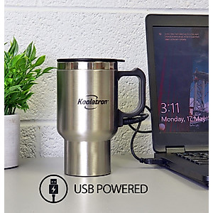 Koolatron 12V USB Insulated Travel Mug with Heater, 500 mL (17 oz), Silver and Black Stainless Steel for Car, SUV, Truck, Office, Home, Dorm