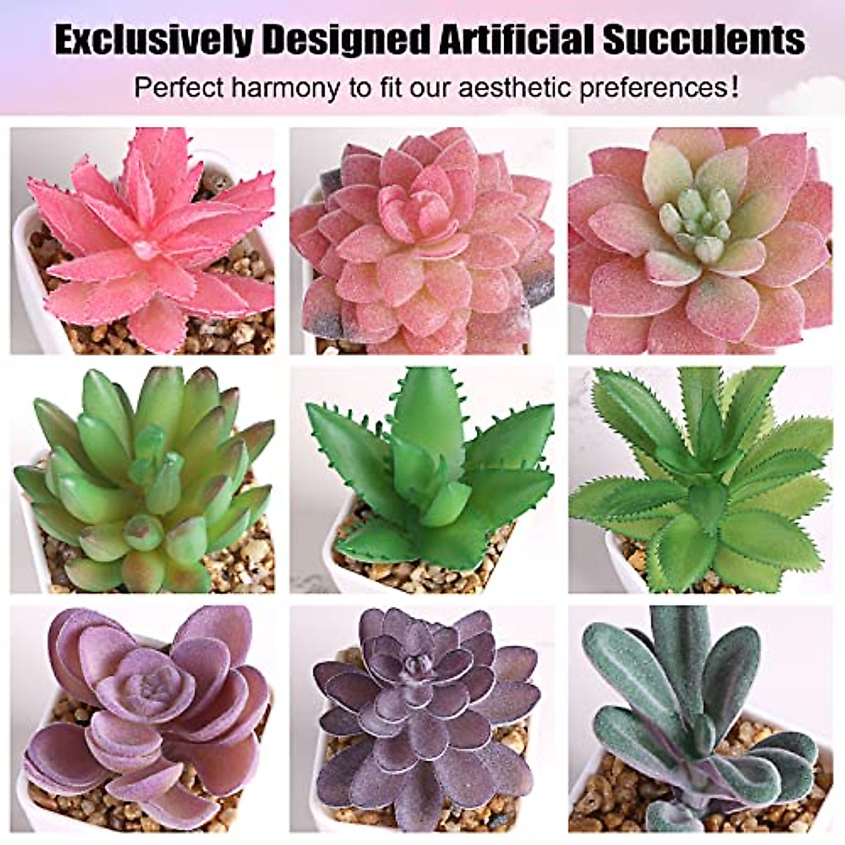 CEWOR 9pcs Artificial Succulent Plants in Pots, Faux Succulents Small Potted Fake Plants with Plastic Pots for Office Home Desk Shelves Bedroom Decoration