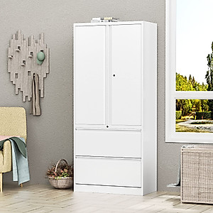 LISSIMO File Cabinet with Lock,Metal Filing Cabinets with Adjustable Shelves and 2 Drawers for Home Office,School Locker Office Storage Cabinet for Letter/Legal/A4 Size Files(White)