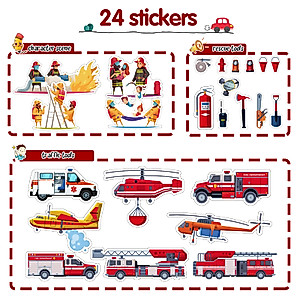 Oriate Fire Truck Vehicle Toys with Flatbed Trailer & Various Traffic Road Signs, Diecast Firetruck for 3 4 5 6 7 Year Old Boys - Ambulance, Helicopter, 24PCS Fire Rescue Theme Stickers