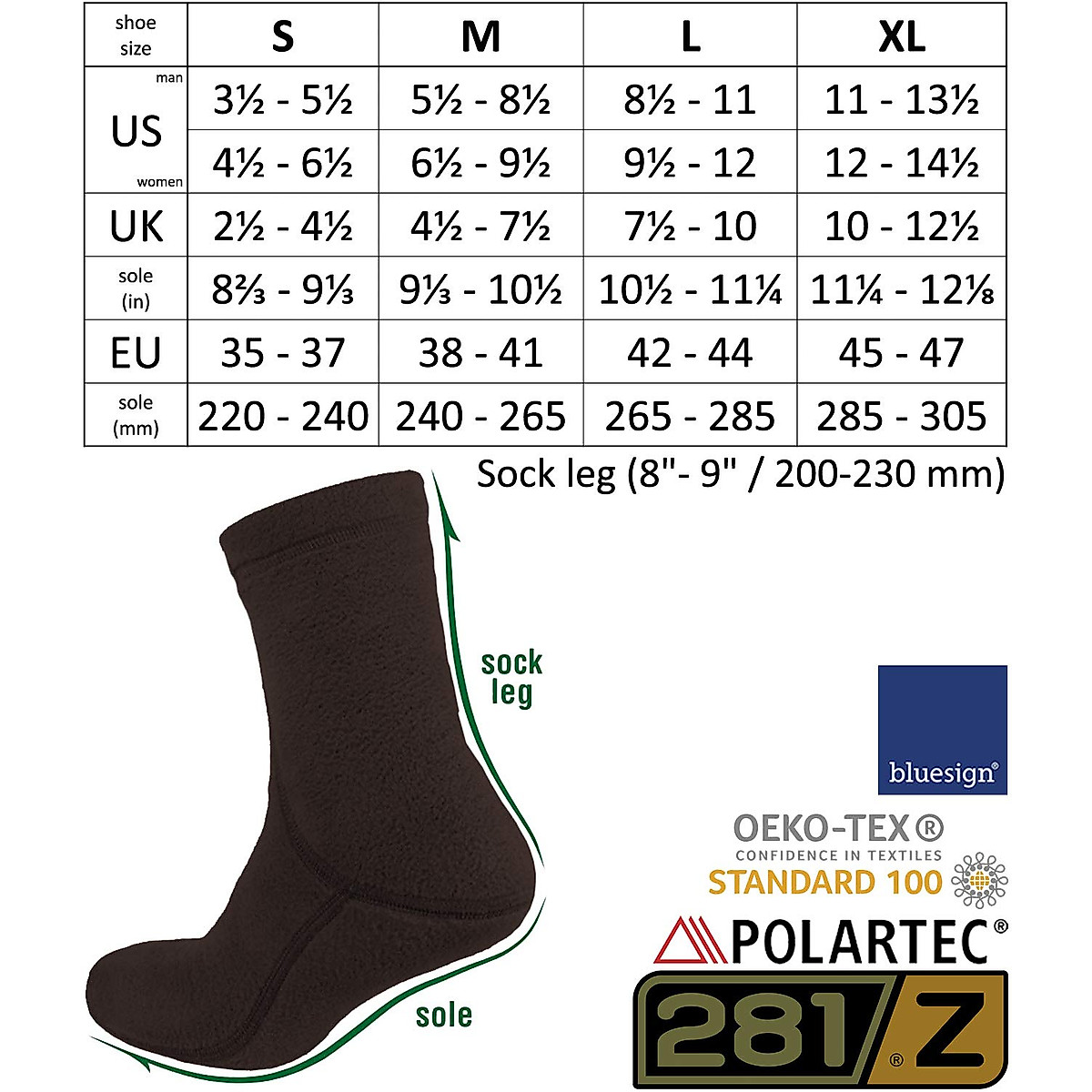 281Z Military Warm 8 inch Boot Liner Socks - Outdoor Tactical Hiking Sport - Polartec Fleece Winter Socks (Small, Brown Bear)