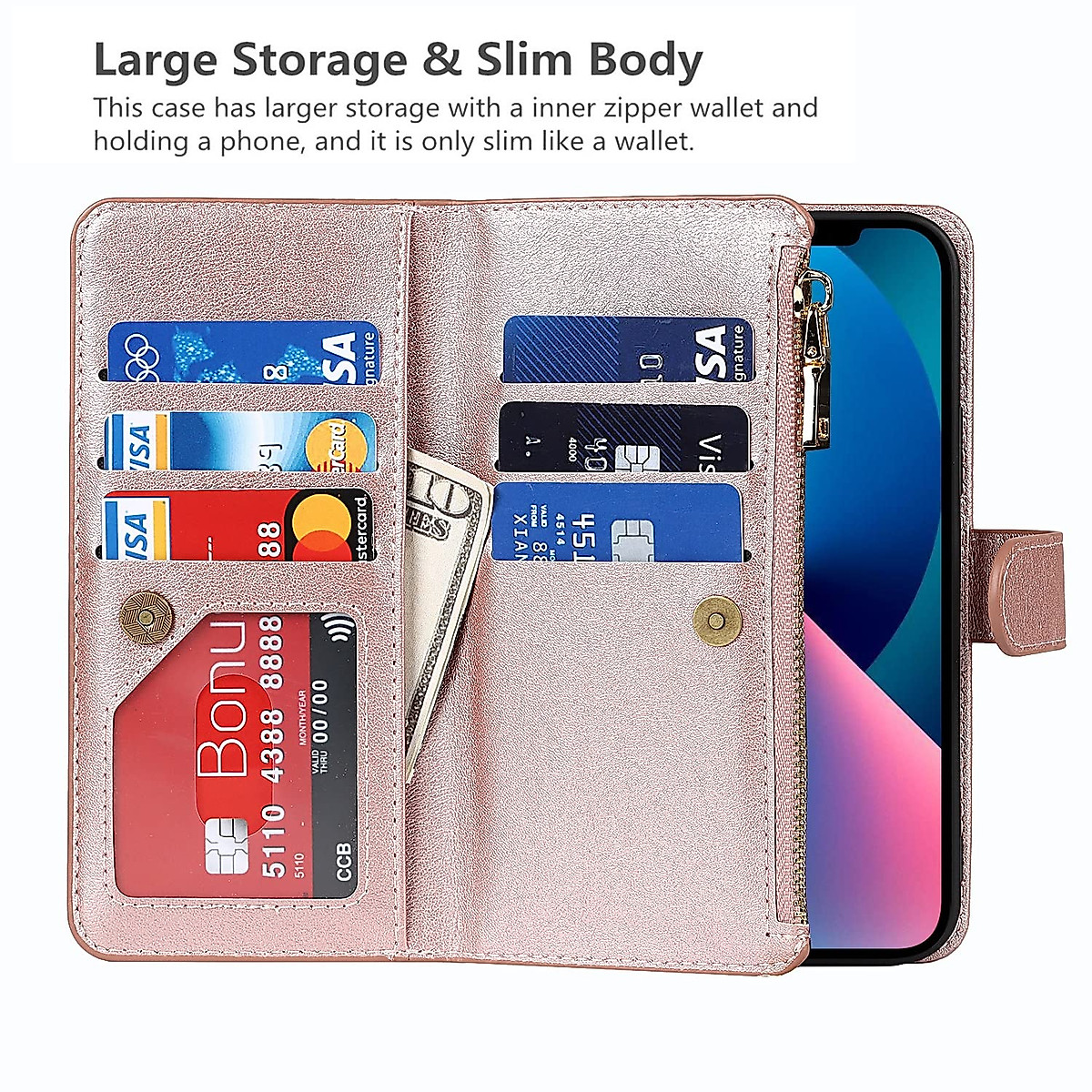 iCoverCase for iPhone 13 Wallet Case with Card Holder and Adjustable Crossbody Lanyard, PU Leather Kickstand Card Slots [Not Detachable] Flip Cover Case 6.1 Inch (Rose Gold)