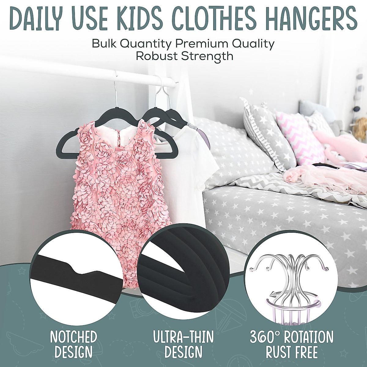 TechZoo 50 Premium Kids Velvet Hangers - 14" Inch Non-Slip Kids Hangers - Ultra Slim Space Saving Children Hangers - 360°Swivel Hook, Strong & Durable Kids & Preteen Hangers - Black